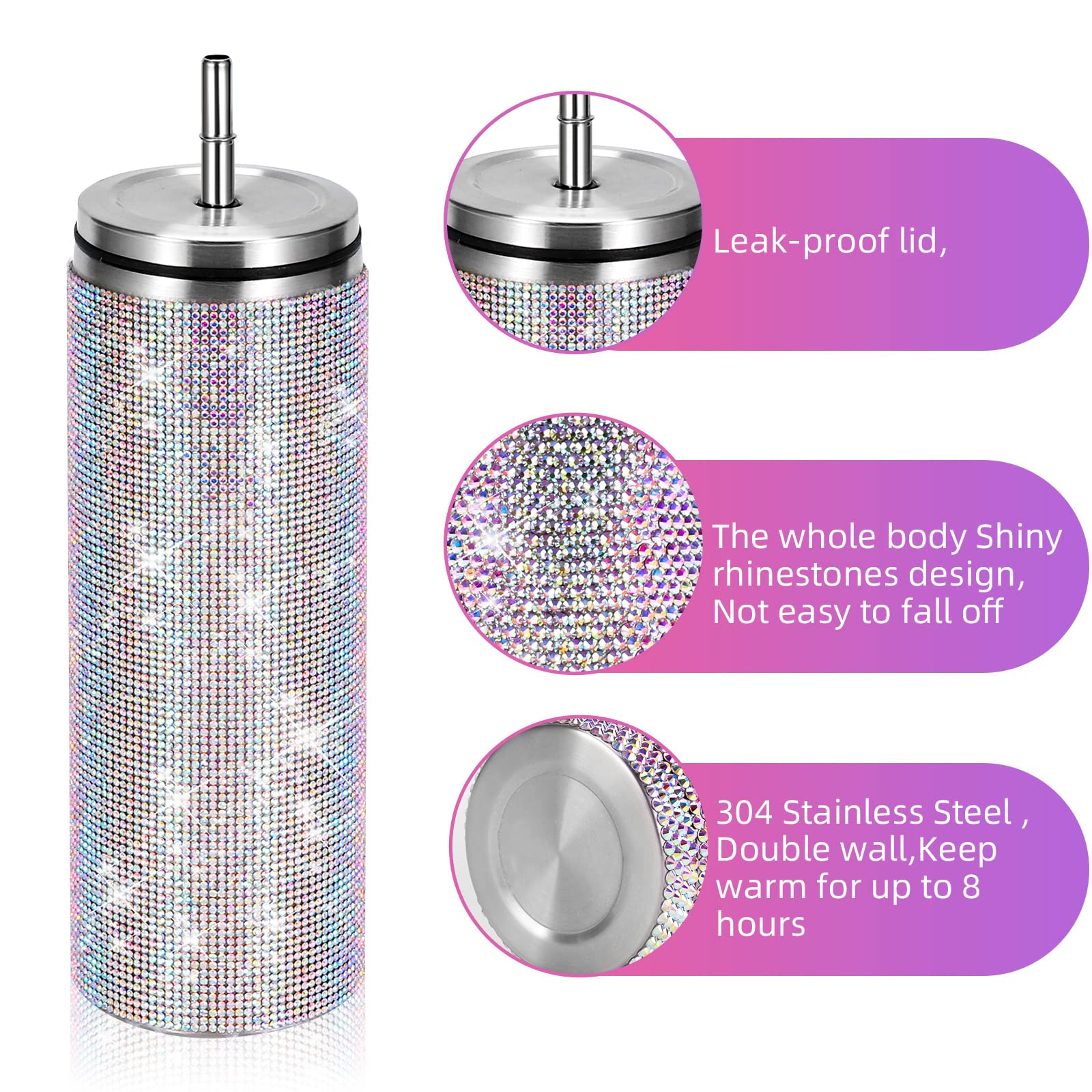 Glitter Water Bottles,Bling Cup -20oz Stainless Steel Diamond Water Bottle Insulated Cups with Lids and Straws Rhinestone,Gift for Women Mom Girlfreind (colorful)