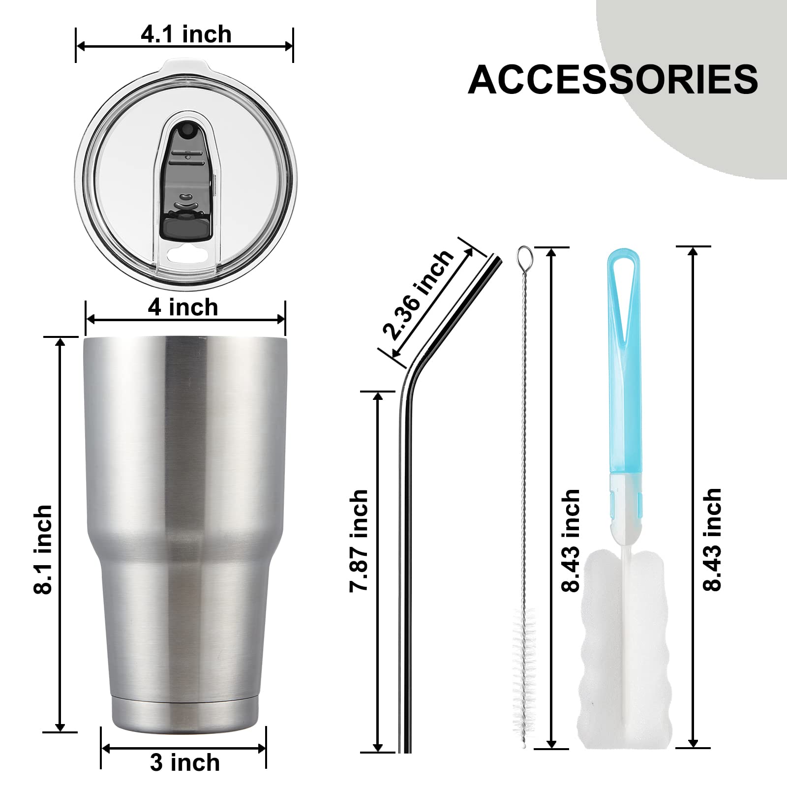 COMOOO 30 oz Stainless Steel Tumbler Bulk with Lid and Straw Insulated Tumbler Coffee Cup Durable Double Wall Vacuum Travel Coffee Mug Thermal for Hot and Cold Drinks (Silver, 8 Pack)