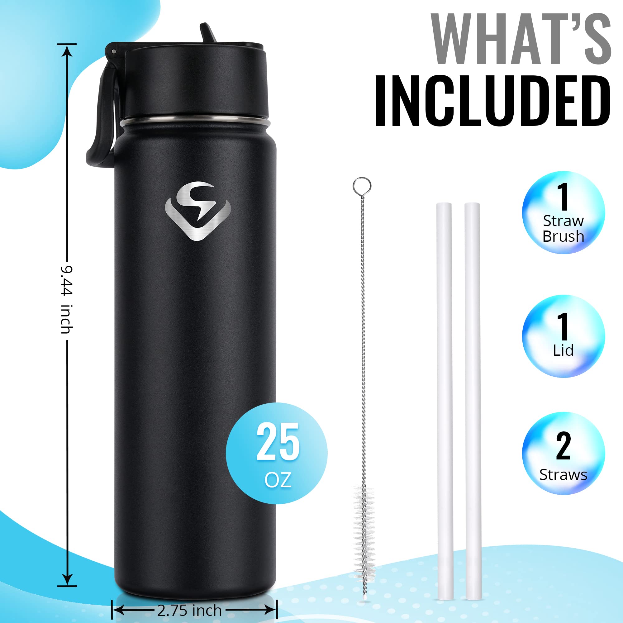 ArtSo Water Bottle with Straw, Wide Rotating Handle Straw Lid Thermo Mug Flask, Wide Mouth Vacuum Insulated Stainless Steel Leak Proof Water Bottle, Double Walled Metal Canteen, Durable 24 oz