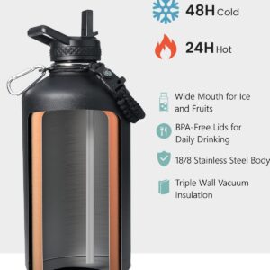 Coolplus Gallon Water Bottle Insulated with Paracord Handle & 3 Lids, 128 oz Insulated Water Jug Large Metal Stainless Steel Leakproof Falsk Cold 48H Hot 24H for Outdoor