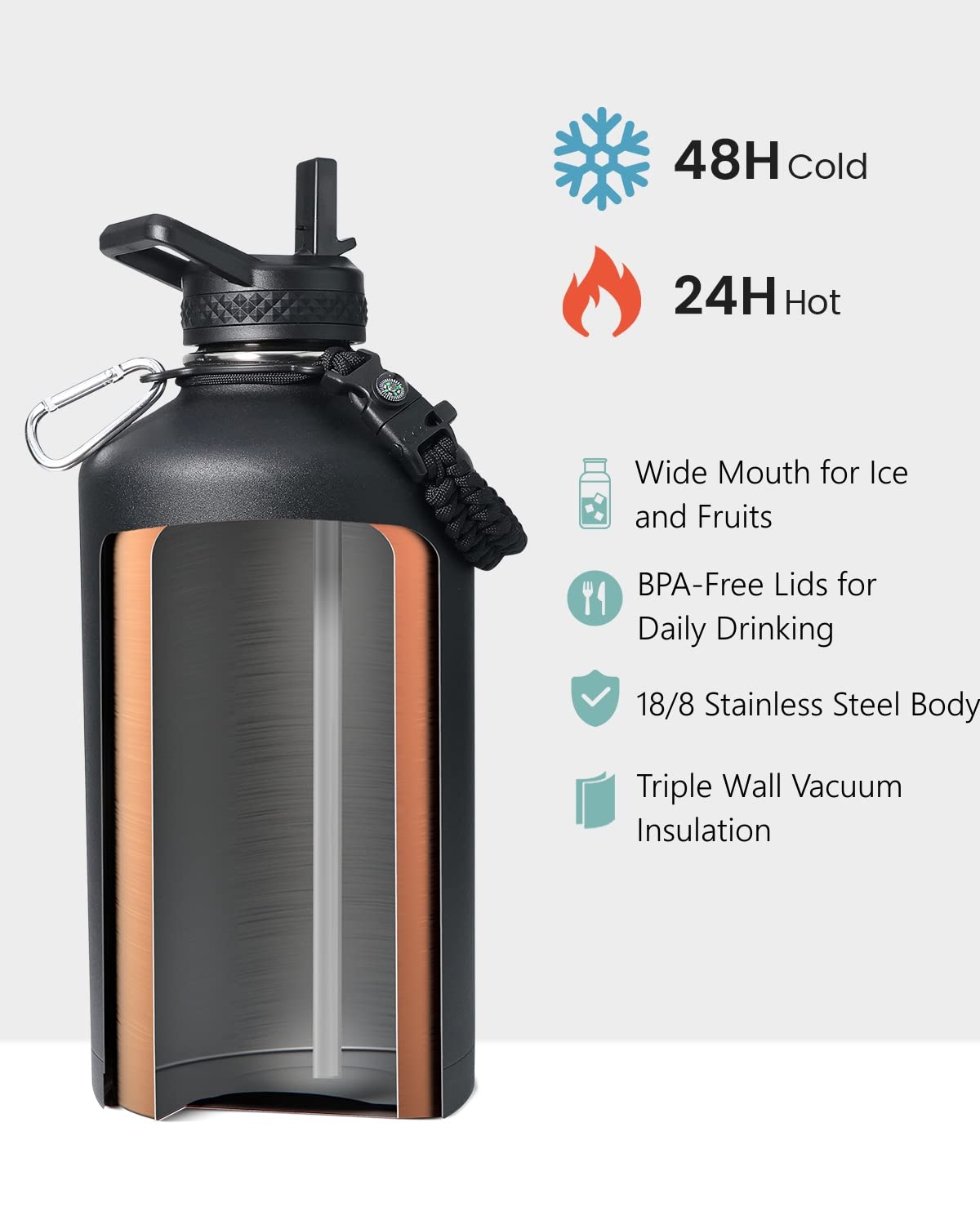 Coolplus Gallon Water Bottle Insulated with Paracord Handle & 3 Lids, 128 oz Insulated Water Jug Large Metal Stainless Steel Leakproof Falsk Cold 48H Hot 24H for Outdoor