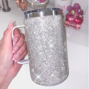 TISHAA Bling Dazzling Rhinestone Stylish 750 mL Vacuum Insulated Stainless Steel Travel Water Bottle Cup Thermos Mug with Handle Lid (White)