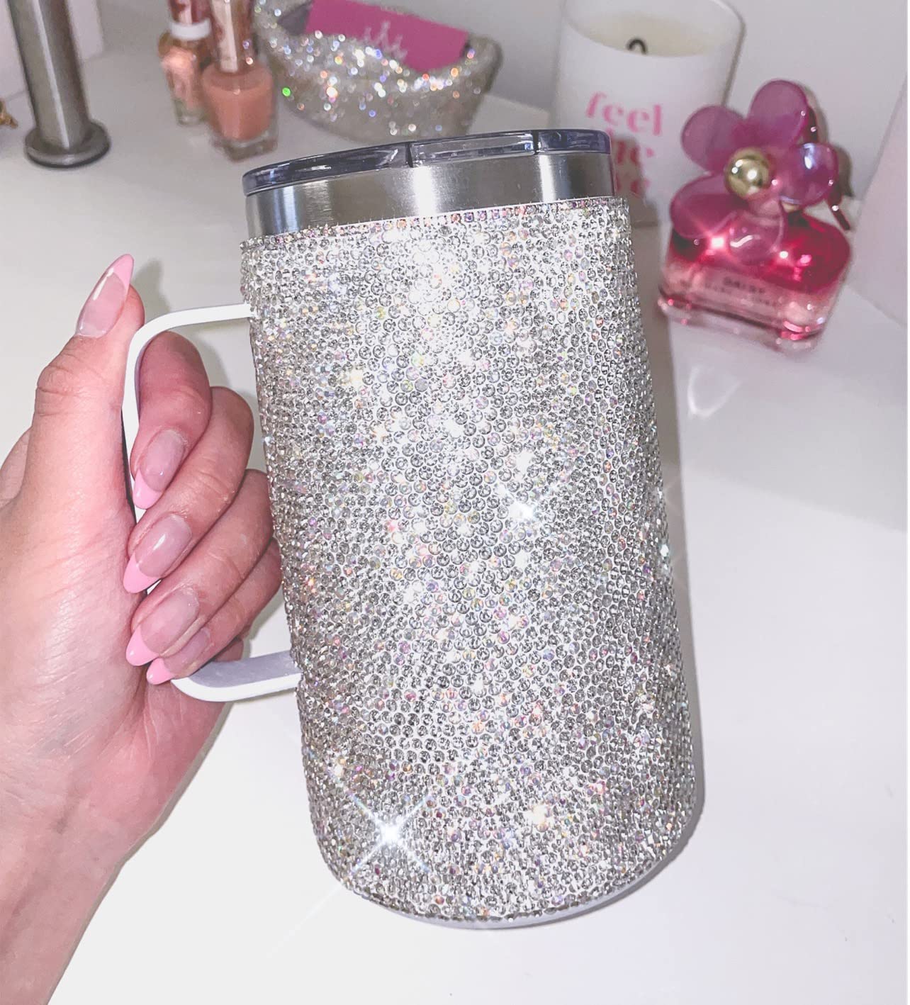 TISHAA Bling Dazzling Rhinestone Stylish 750 mL Vacuum Insulated Stainless Steel Travel Water Bottle Cup Thermos Mug with Handle Lid (White)