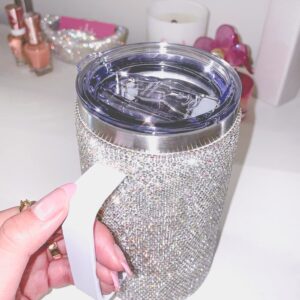 TISHAA Bling Dazzling Rhinestone Stylish 750 mL Vacuum Insulated Stainless Steel Travel Water Bottle Cup Thermos Mug with Handle Lid (White)