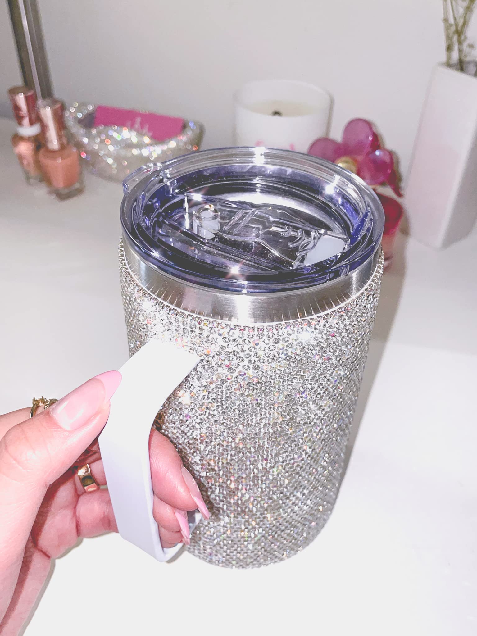 TISHAA Bling Dazzling Rhinestone Stylish 750 mL Vacuum Insulated Stainless Steel Travel Water Bottle Cup Thermos Mug with Handle Lid (White)