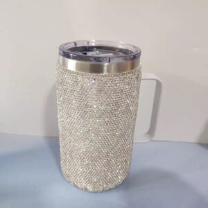 TISHAA Bling Dazzling Rhinestone Stylish 750 mL Vacuum Insulated Stainless Steel Travel Water Bottle Cup Thermos Mug with Handle Lid (White)