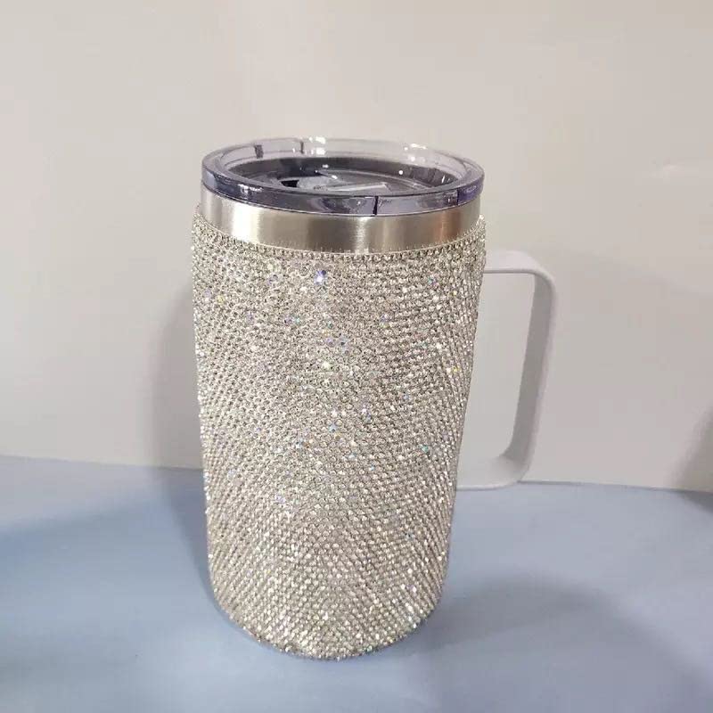 TISHAA Bling Dazzling Rhinestone Stylish 750 mL Vacuum Insulated Stainless Steel Travel Water Bottle Cup Thermos Mug with Handle Lid (White)