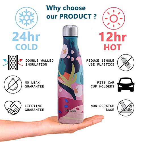 HiKupa 17 oz Insulated Bottle, Leak Proof Water Bottles, BPA Free, Double Wall Stainless Steel, Reusable Metal Sports Flask, Keep Hot 12+ Hours & Cold 24+ Hours (Pink - Geometric Pattern)