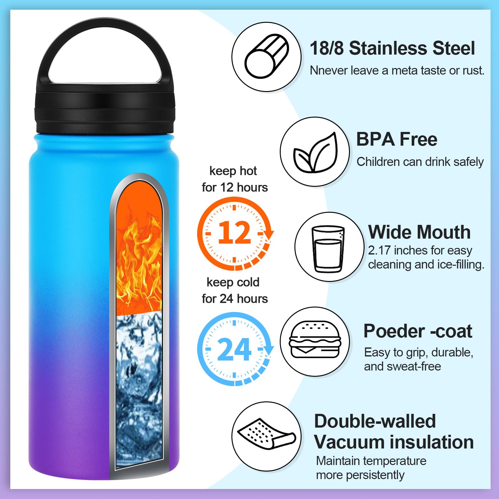 3 Pcs Kids Lovely Insulated Water Bottles Girls Boys Insulated Cups with Leakproof Lid and Cute Stickers for Valentines School Classroom Exchange Rewards Game Prizes Gifts(Gradient Color, 16oz)