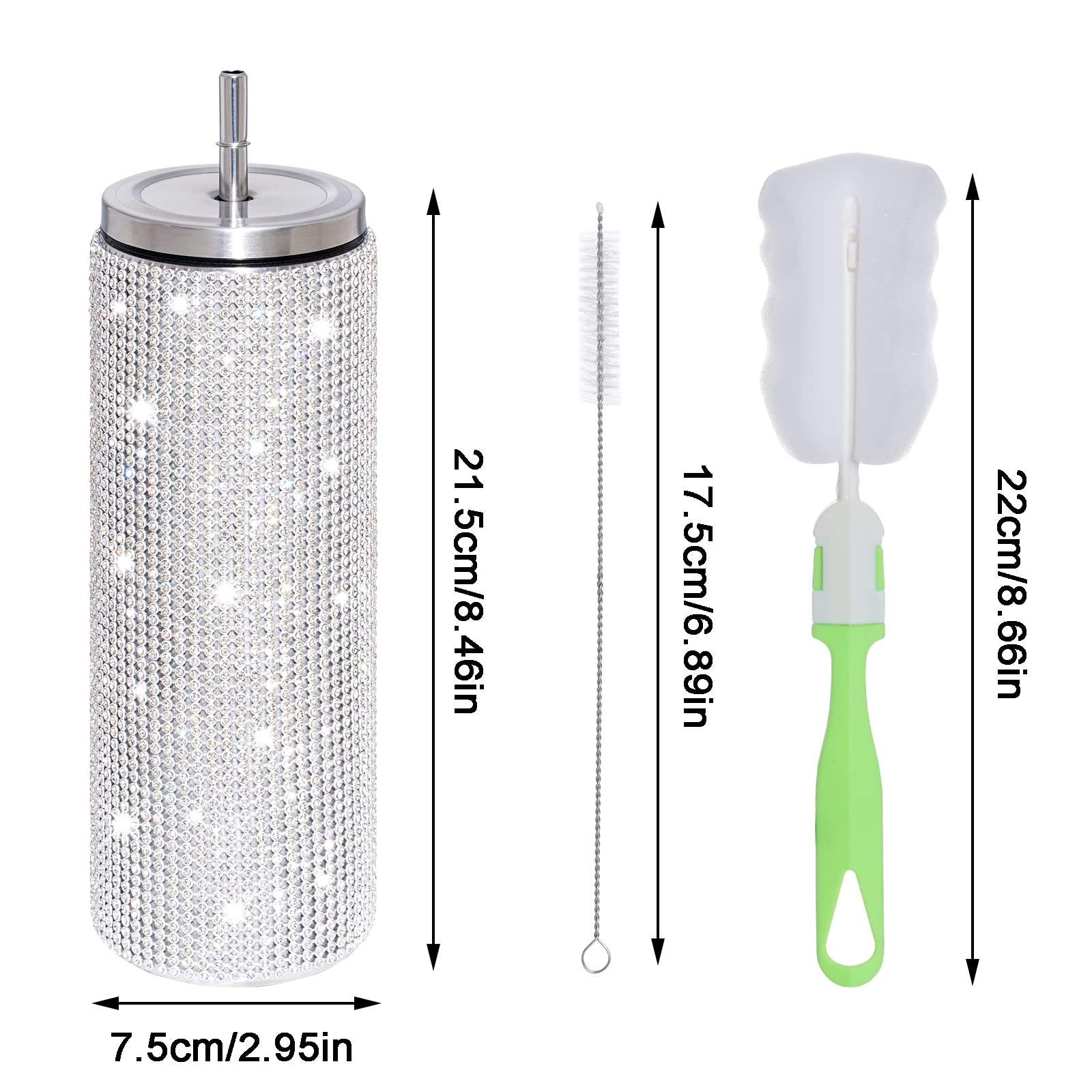 20 oz Glitter Diamond Water Bottle Rhinestone Bling Cup Stainless Steel Tumbler Insulated Cup with Lid Straw Random Color Cup Brush Straw Brush for Women