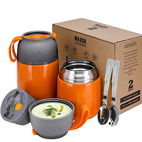 MAXSO 2 Pack Soup Thermos for Hot & Cold Food for Kids Adults, Vacuum Insulated Food Jar Thermal Lunch Containers, Travel Food Flask with Spoon (24oz,17oz) (Orange)