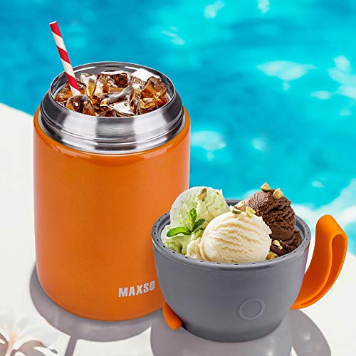 MAXSO 2 Pack Soup Thermos for Hot & Cold Food for Kids Adults, Vacuum Insulated Food Jar Thermal Lunch Containers, Travel Food Flask with Spoon (24oz,17oz) (Orange)