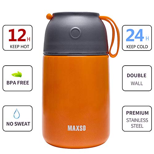 MAXSO 2 Pack Soup Thermos for Hot & Cold Food for Kids Adults, Vacuum Insulated Food Jar Thermal Lunch Containers, Travel Food Flask with Spoon (24oz,17oz) (Orange)