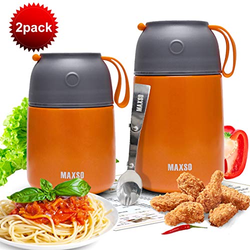 MAXSO 2 Pack Soup Thermos for Hot & Cold Food for Kids Adults, Vacuum Insulated Food Jar Thermal Lunch Containers, Travel Food Flask with Spoon (24oz,17oz) (Orange)