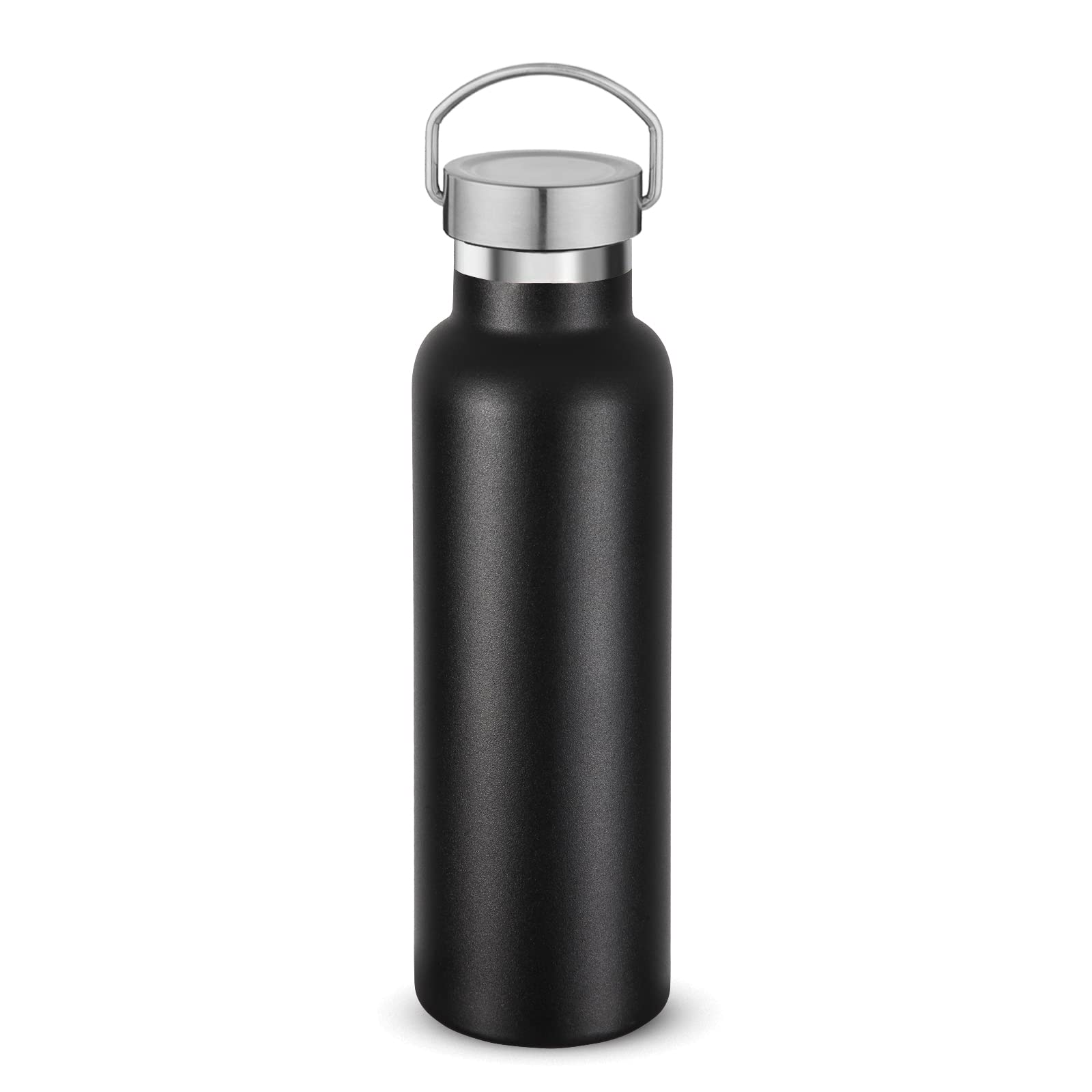 Neihepal Black Stainless Steel Water Bottles,20 Ounce Vacuum Insulated Double Wall Travel Bottle with Leak Proof Lid of Handle,Metal Reusable Standard Mouth Flask Thermoses for School,Hikers,Gift