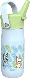 zak designs harmony bluey kid water bottle for travel or at home, 14oz recycled stainless steel is leak-proof when closed and vacuum insulated (bluey, bingo, muffin)