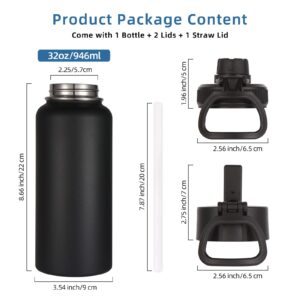 Volhoply 32oz Insulated Water Bottles Bulk 8 Pack with Straw Lid & Spout Lid,Stainless Steel Sports Water Bottle,Double Wall Vacuum Thermos,Leakproof Wide Mouth Metal Flask for Hiking,Camping(Black,8)