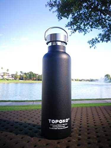 TOPOKO 25 oz Stainless Steel Vacuum Insulated Water Bottle, Keeps Drink Cold up to 24 Hours & Hot up to 12 Hours, Leak Proof and Sweat Proof. Large Capacity Sports Bottle Wide Mouth Metal Lid (Black)