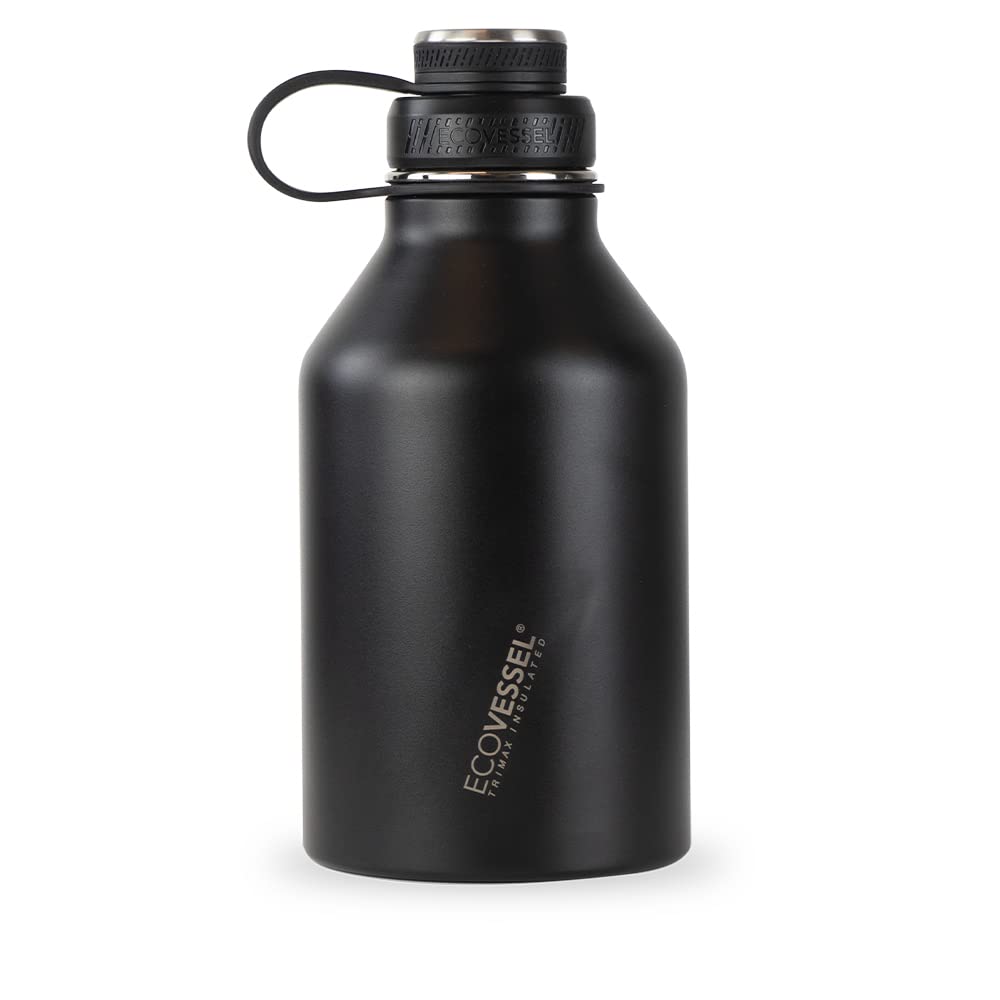 EcoVessel BOSS Stainless Steel Half Gallon Water Bottle with Dual Lid, Beer Growler, Water Jug 64 oz Water Bottle Wide Mouth Opening Gym Water Bottle (Black Shadow)