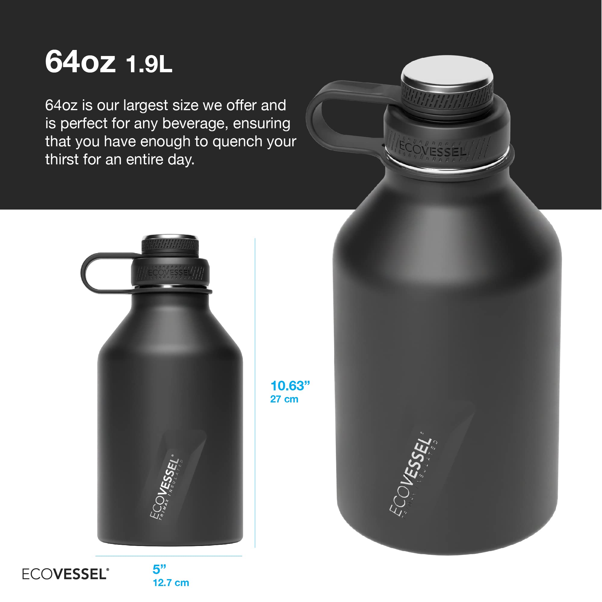 EcoVessel BOSS Stainless Steel Half Gallon Water Bottle with Dual Lid, Beer Growler, Water Jug 64 oz Water Bottle Wide Mouth Opening Gym Water Bottle (Black Shadow)