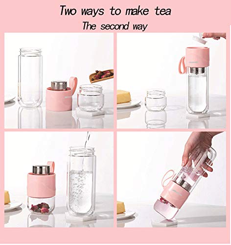 Glass Tea Bottle Double Layer Glass Tea Infuser,14 oz Travel Mug with Strainer Tea Bottle for Loose Leaf Tea, Tea Cup with Stainless Steel Mesh Filter, Portable Glass Water Bottle (White)…