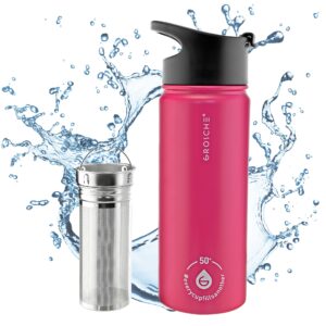 grosche chicago stainless steel tea infuser flask | beverage bottle | hot & cold drinks | loose leaf tea infuser | travel convenience water bottle | 16 fl oz, pink