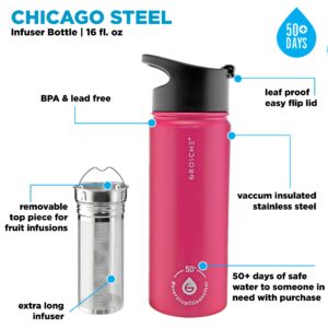 GROSCHE Chicago Stainless Steel Tea Infuser Flask | Beverage Bottle | Hot & Cold Drinks | Loose Leaf Tea Infuser | Travel Convenience Water Bottle | 16 fl oz, Pink