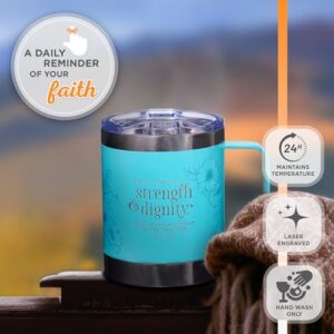 Christian Art Gifts Stainless Steel Double Wall Vacuum Insulated Camp Style Travel Mug 11 oz Floral Teal Coffee Mug with Lid and Handle for Women - Strength and Dignity - Proverbs 31:25