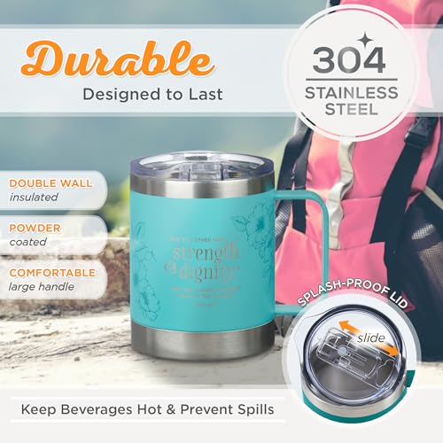 Christian Art Gifts Stainless Steel Double Wall Vacuum Insulated Camp Style Travel Mug 11 oz Floral Teal Coffee Mug with Lid and Handle for Women - Strength and Dignity - Proverbs 31:25