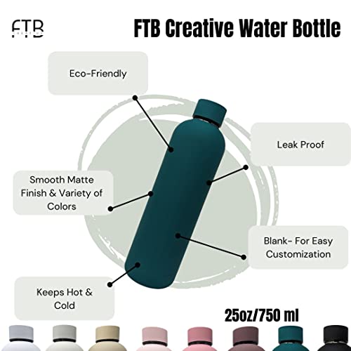 FTB Creative 25oz/750ml Insulated Stainless Steel Matte Water Bottle, Spill proof, Sweat Proof (25oz, Black)