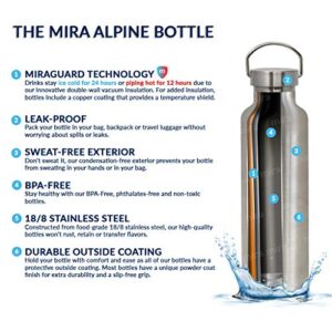 MIRA Alpine Stainless Steel Vacuum Insulated Water Bottle with 2 Lids, Sports Thermos Flask Keeps Cold 24 Hours, Hot 12 Hours, Reusable Hydro Bottle - 25 oz (750 ml) Jasmine Leaves