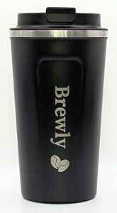 brewly 17 oz stainless steel vacuum insulated tumbler - coffee travel mug spill proof lid - great for coffee or tea - black, us based brand (black)