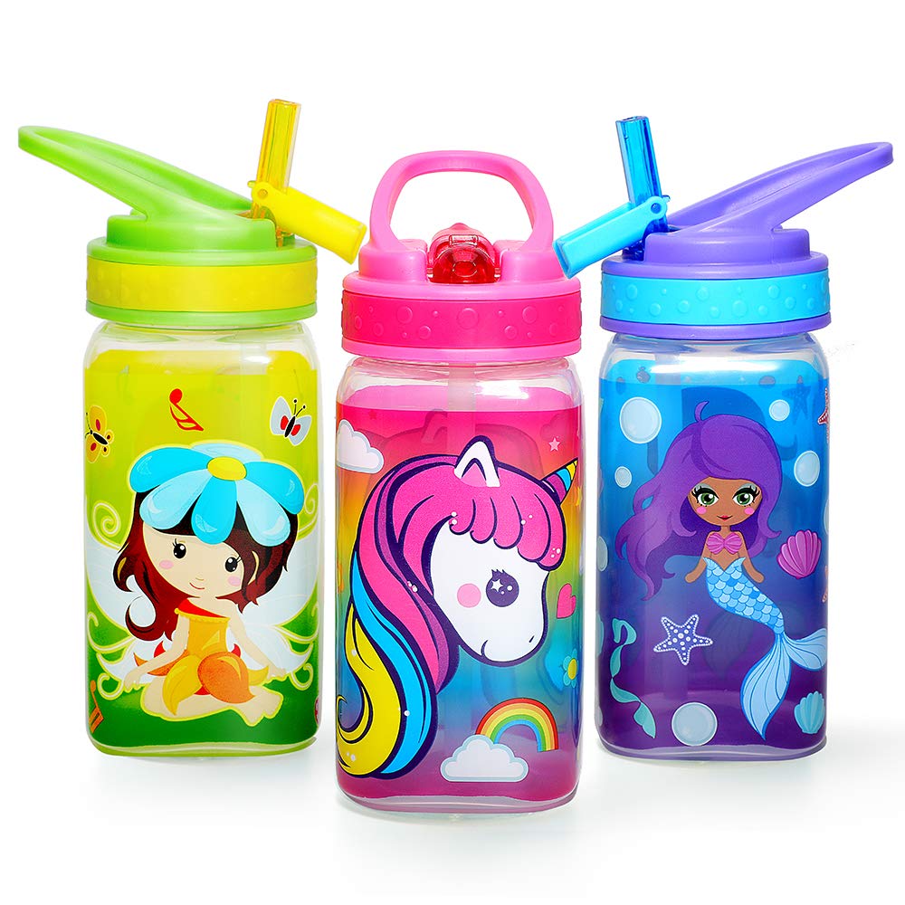 Home Tune 15oz Kids Water Drinking Bottle - BPA Free, Wide Mouth, Flip Sip Top, Easy Open, Lightweight, Leak-Proof, Cute Design For Girls & Boys - 3 Pack Unicorn & Fairy & Mermaid