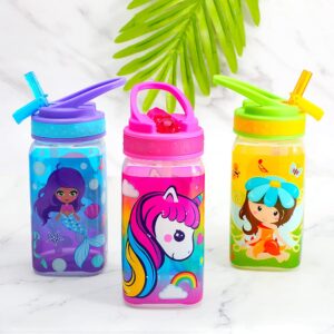 Home Tune 15oz Kids Water Drinking Bottle - BPA Free, Wide Mouth, Flip Sip Top, Easy Open, Lightweight, Leak-Proof, Cute Design For Girls & Boys - 3 Pack Unicorn & Fairy & Mermaid