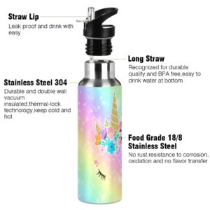 Unicorn Insulated Water Bottles Kids Rainbow Thermos with Straw Lid & Handle Reusable Vacuum Stainless Steel 20 oz