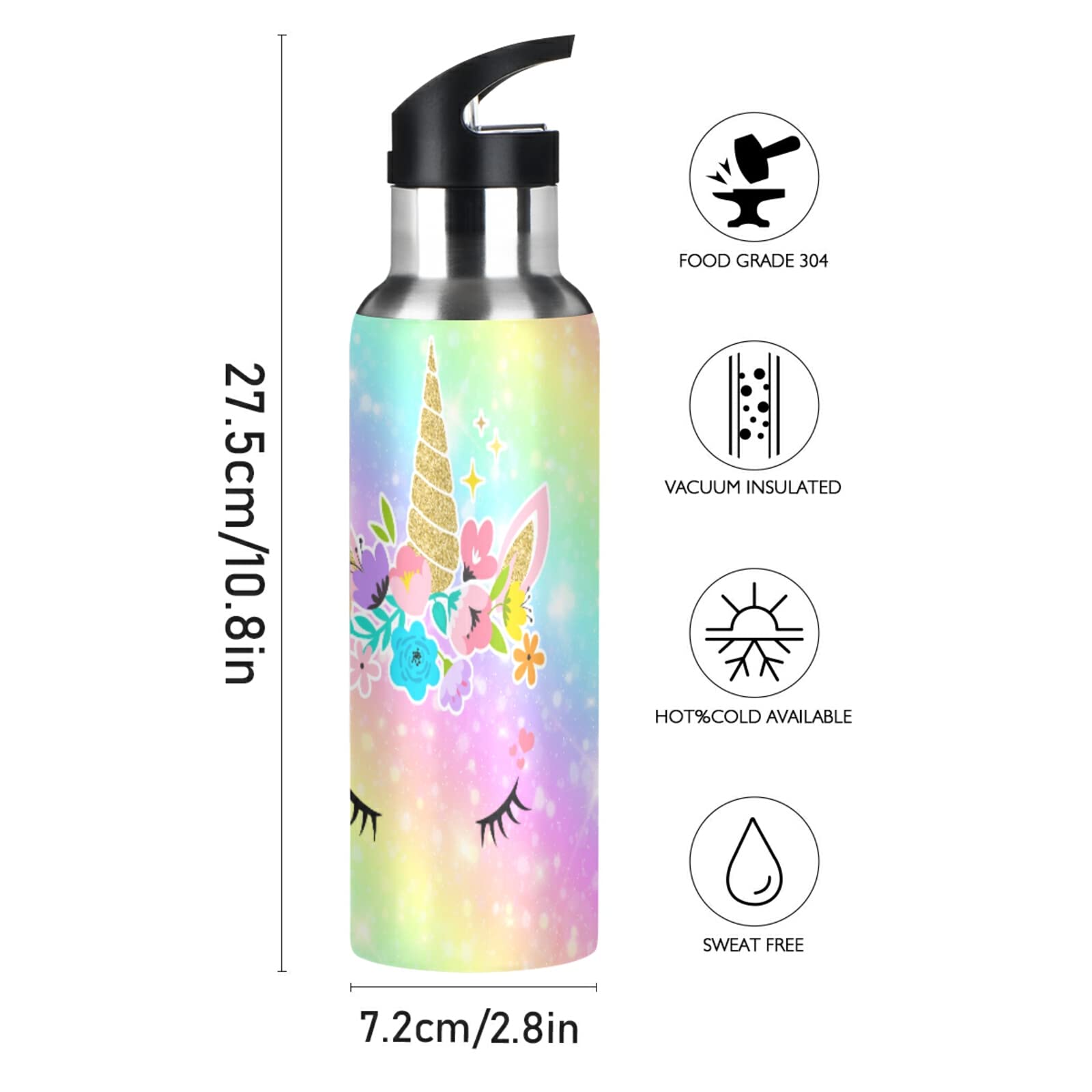 Unicorn Insulated Water Bottles Kids Rainbow Thermos with Straw Lid & Handle Reusable Vacuum Stainless Steel 20 oz