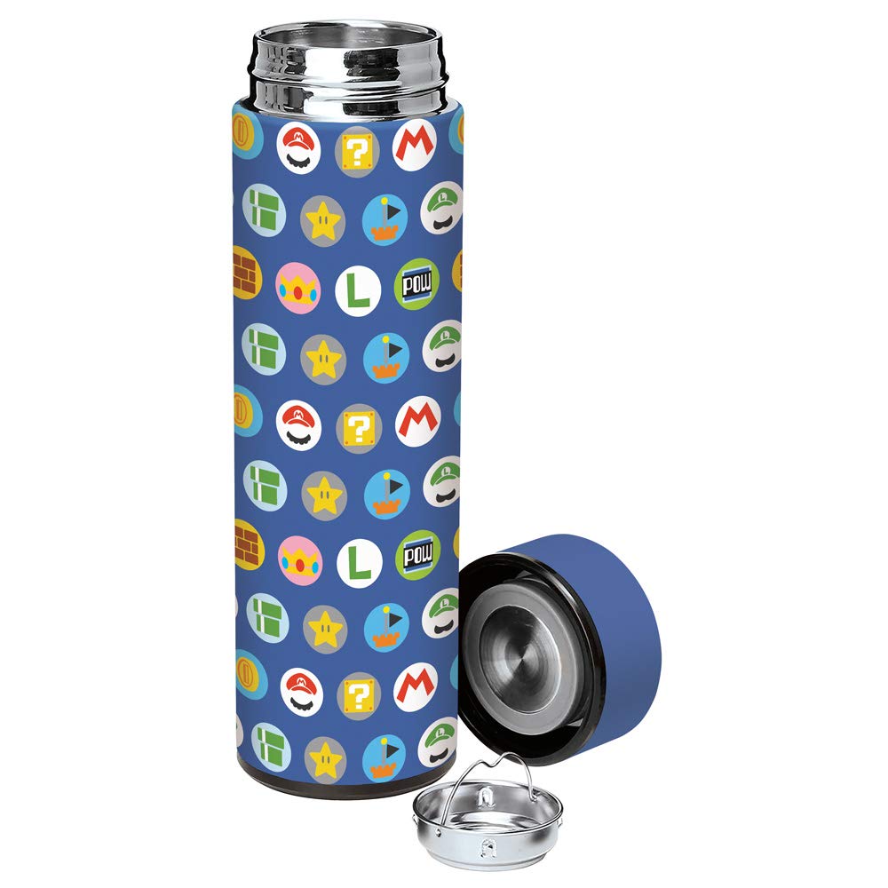 Super Mario, Mario/Luigi Icons, Vacuum Insulated Stainless Steel Sport Water Bottle, Leak Proof, Wide Mouth, 17 oz, 500 ML