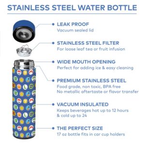 Super Mario, Mario/Luigi Icons, Vacuum Insulated Stainless Steel Sport Water Bottle, Leak Proof, Wide Mouth, 17 oz, 500 ML