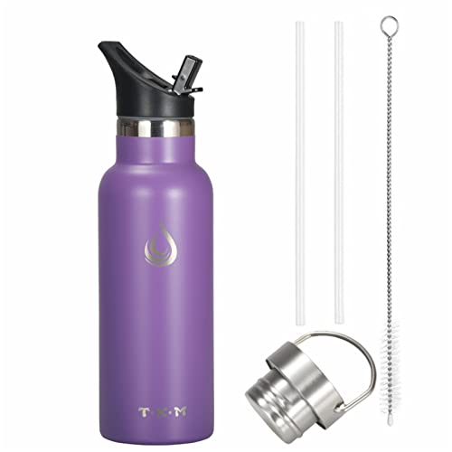 T·X·M Water Bottles Vacuum Stainless Steel Insulated Sports Water Bottle with Straw Cap & Spout Lid, Hot Cold Double Wall Leakproof Vacuum Bottle Keeps Water Cold for 24 Hours(Purple, 17 OZ)