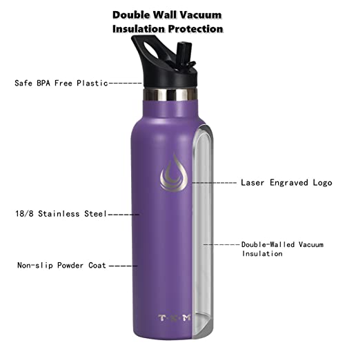 T·X·M Water Bottles Vacuum Stainless Steel Insulated Sports Water Bottle with Straw Cap & Spout Lid, Hot Cold Double Wall Leakproof Vacuum Bottle Keeps Water Cold for 24 Hours(Purple, 17 OZ)