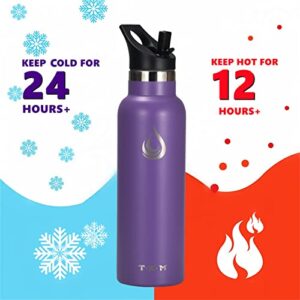 T·X·M Water Bottles Vacuum Stainless Steel Insulated Sports Water Bottle with Straw Cap & Spout Lid, Hot Cold Double Wall Leakproof Vacuum Bottle Keeps Water Cold for 24 Hours(Purple, 17 OZ)