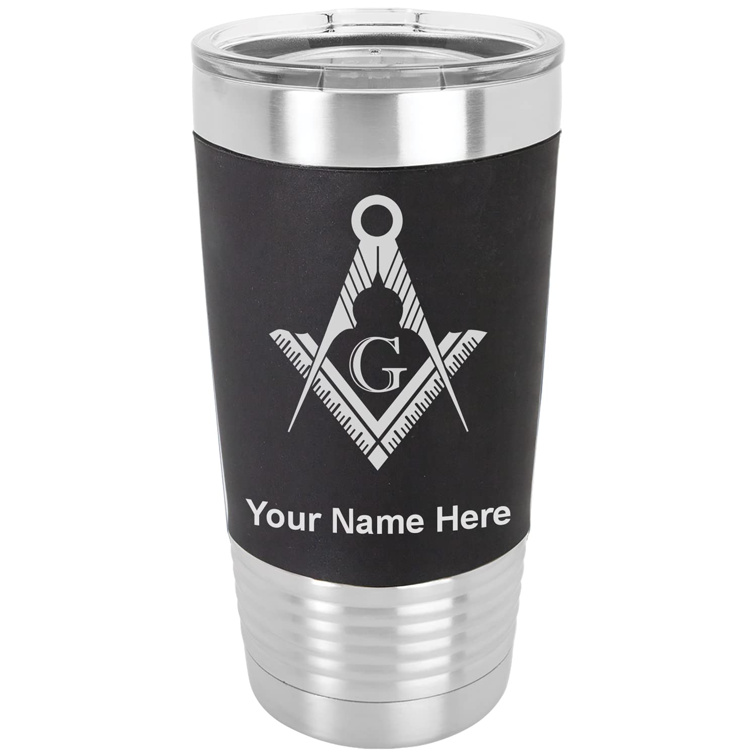 LaserGram 20oz Vacuum Insulated Tumbler Mug, Freemason Symbol, Personalized Engraving Included (Silicone Grip, Black)