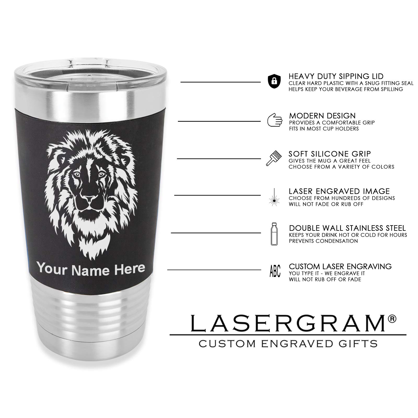 LaserGram 20oz Vacuum Insulated Tumbler Mug, Freemason Symbol, Personalized Engraving Included (Silicone Grip, Black)