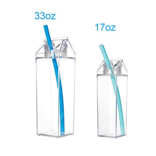 Heyworld 33 OZ Large Clear Milk Carton Water Bottle Creative Square Transparent Cup + Straw + Storage Bag