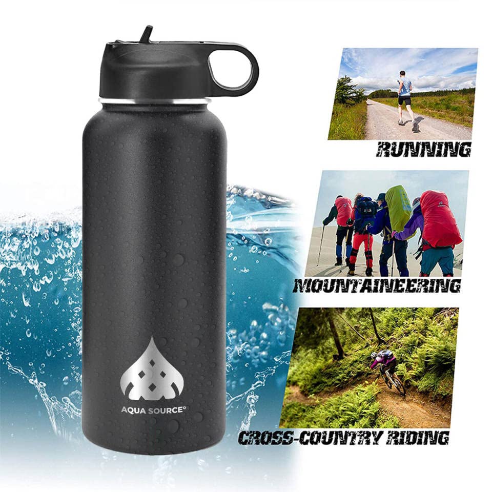 Aqua Source Water Bottle- 32 OZ, Leak Proof, Vacuum Insulated Stainless Steel, Double Walled (Black)