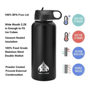 Aqua Source Water Bottle- 32 OZ, Leak Proof, Vacuum Insulated Stainless Steel, Double Walled (Black)