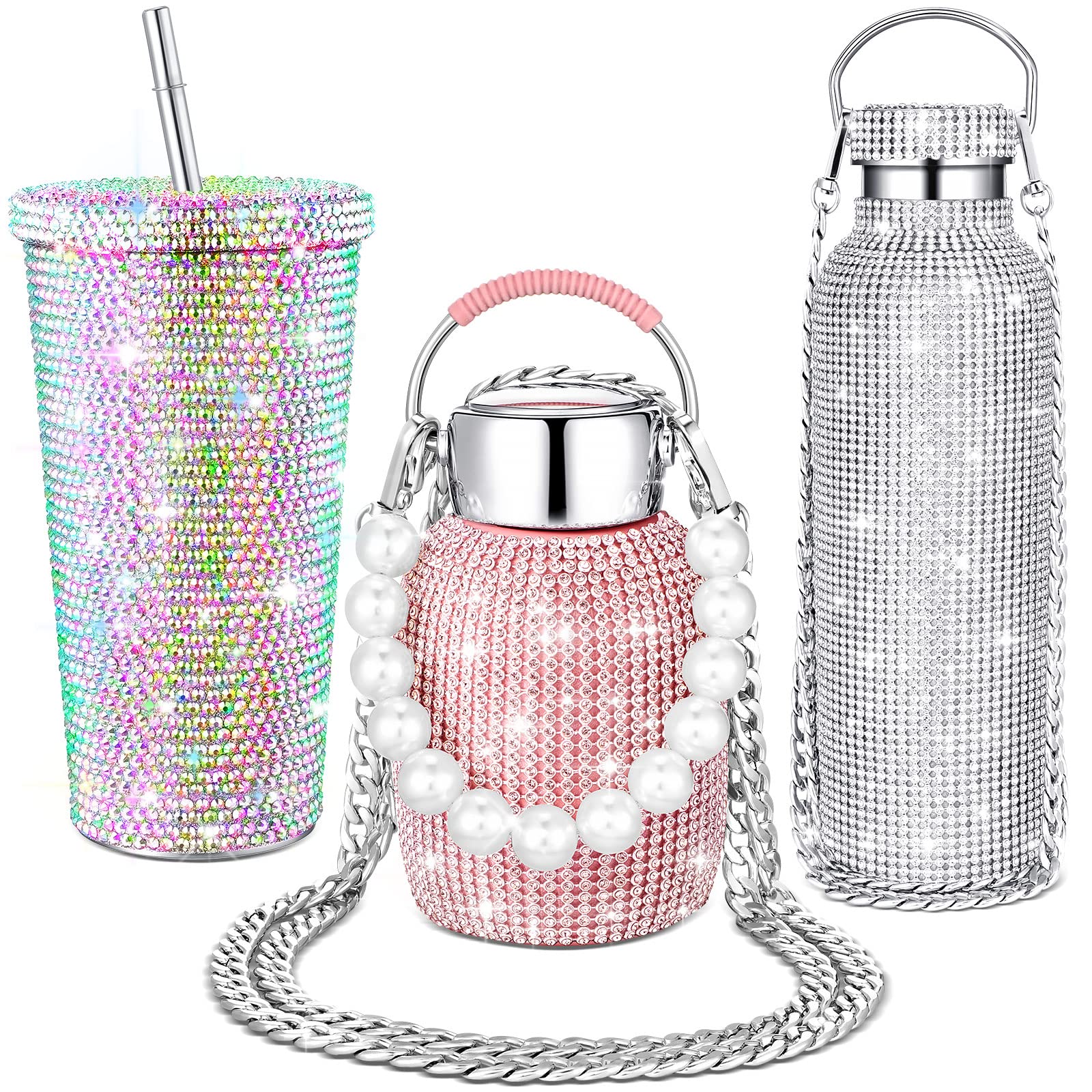 Irenare 3 Pieces Diamond Water Bottle Rhinestone Water Bottle Glitter Tumbler Thermal with Chain Bling Cups with Lids Rhinestones Stainless Steel Thermal for Women Girl, 25 oz, 25 oz, 17 oz