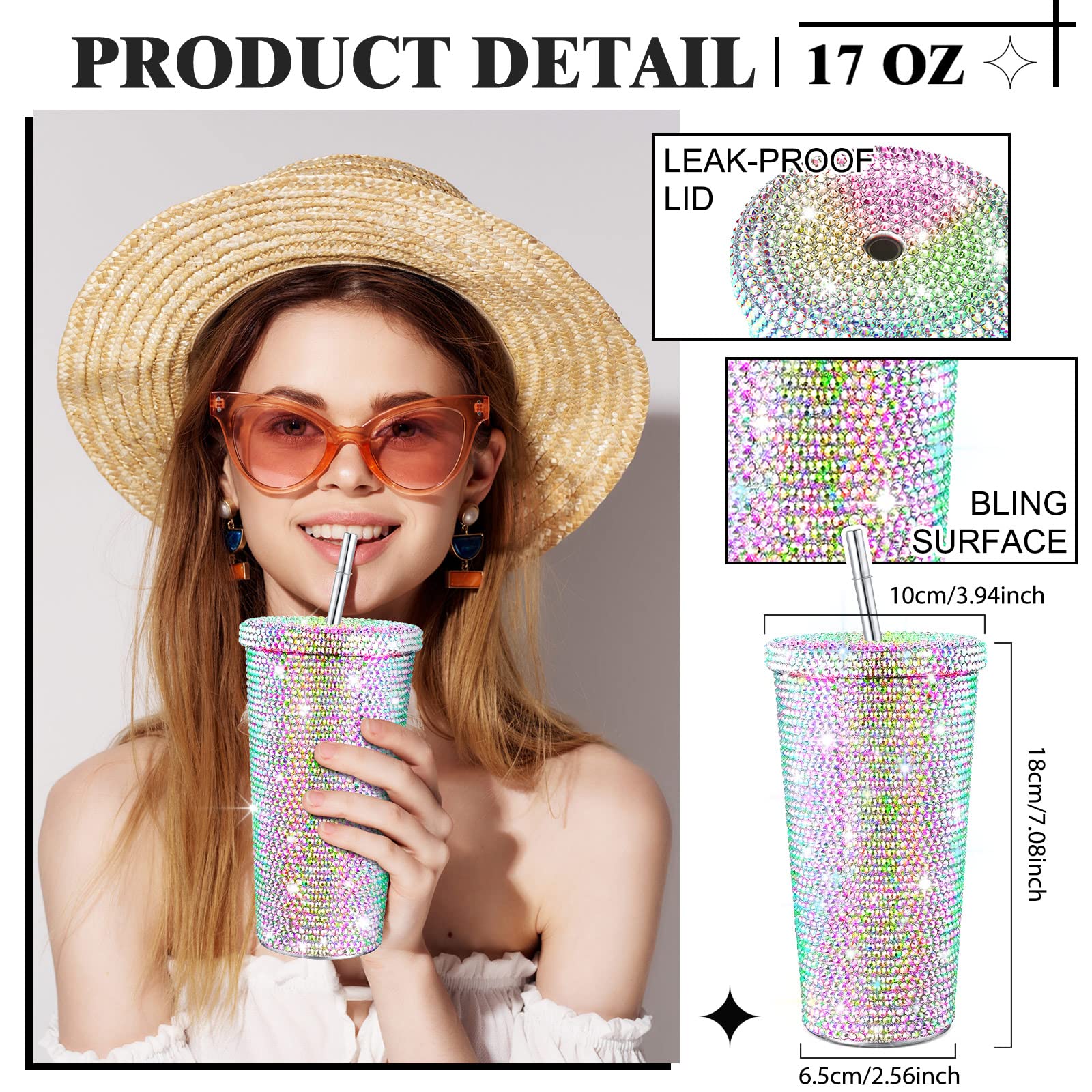 Irenare 3 Pieces Diamond Water Bottle Rhinestone Water Bottle Glitter Tumbler Thermal with Chain Bling Cups with Lids Rhinestones Stainless Steel Thermal for Women Girl, 25 oz, 25 oz, 17 oz