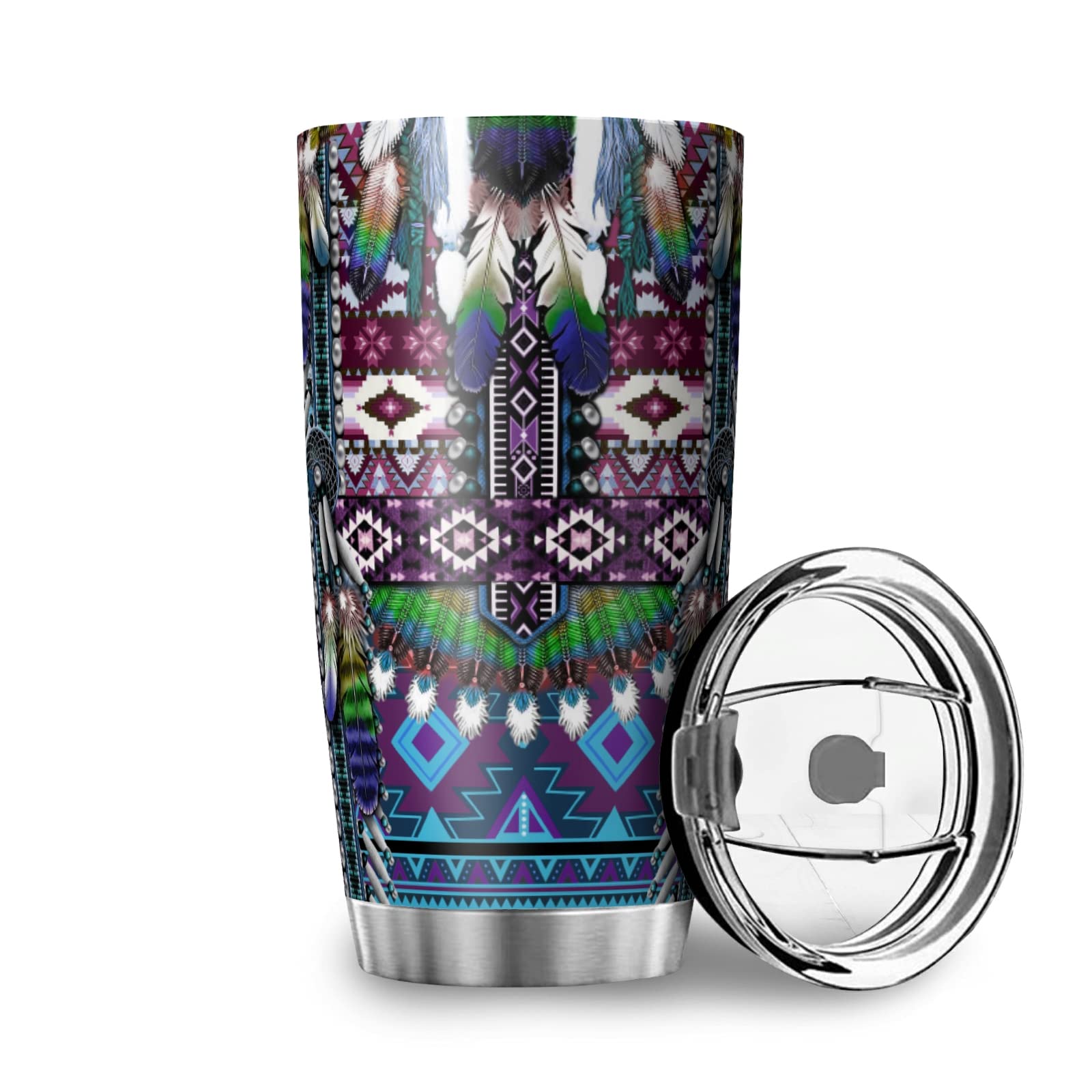 Native American Tumbler With Flip Lid Stainless Steel Coffee Cups Vacuum Insulated Travel Mug for Ice Drink Travel Mug for Office Coffee Cups High-capacity Water Cups (20oz, Native American)