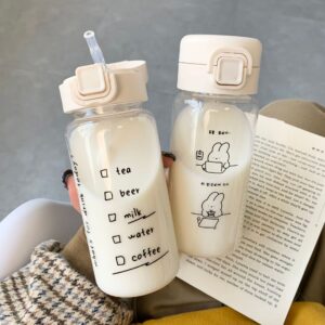 CEINOM Kawaii Bear Water Bottle With Straw Sport Plastic Portable Drinking Bottle For Girl Cute Juice Tea Water Cups (English Log)